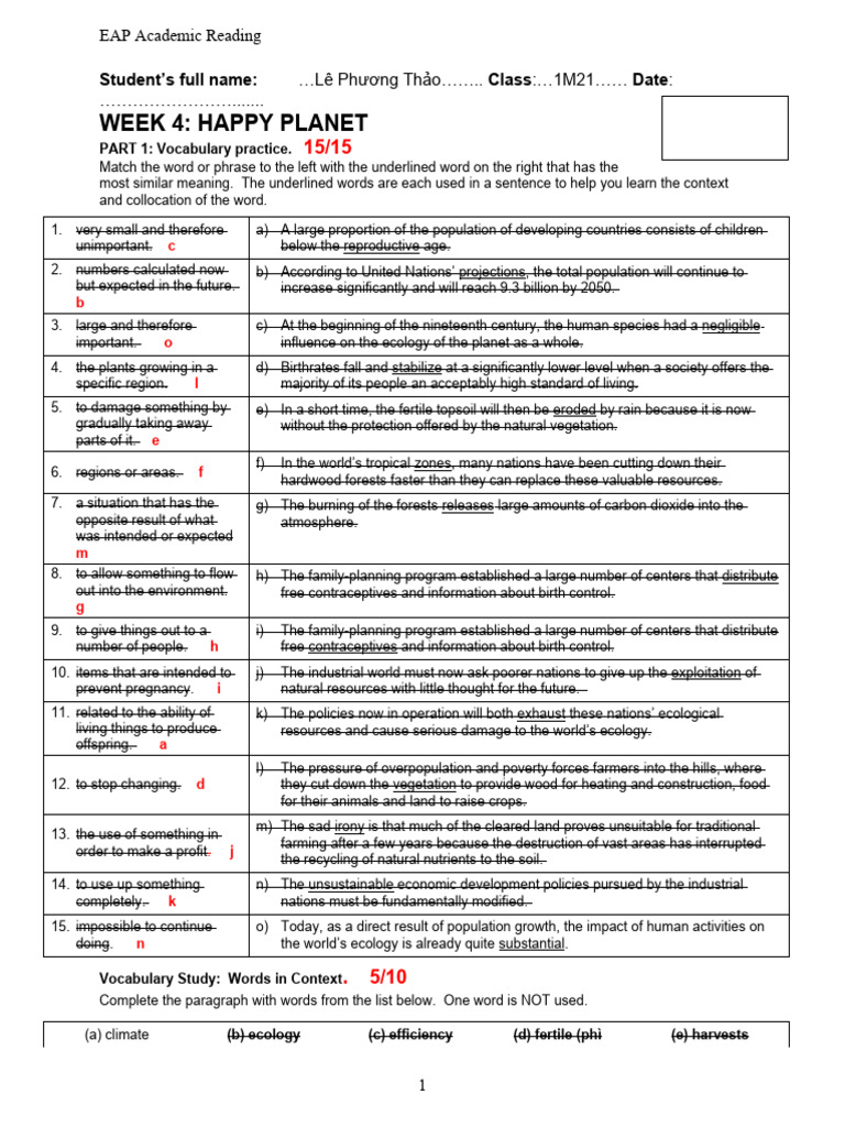 EAP Reading Worksheet Week 4 - Happy Planet | PDF | Ecology | Family ...