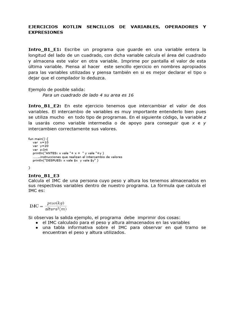 Ejercicios Kotlin Sencillos de Variables Operadores y Expresiones | PDF | Variable (informática ...