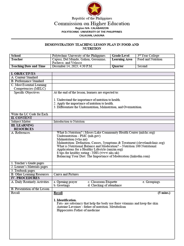 Introduction To Nutrition Lesson Plan Group1 | PDF | Malnutrition ...