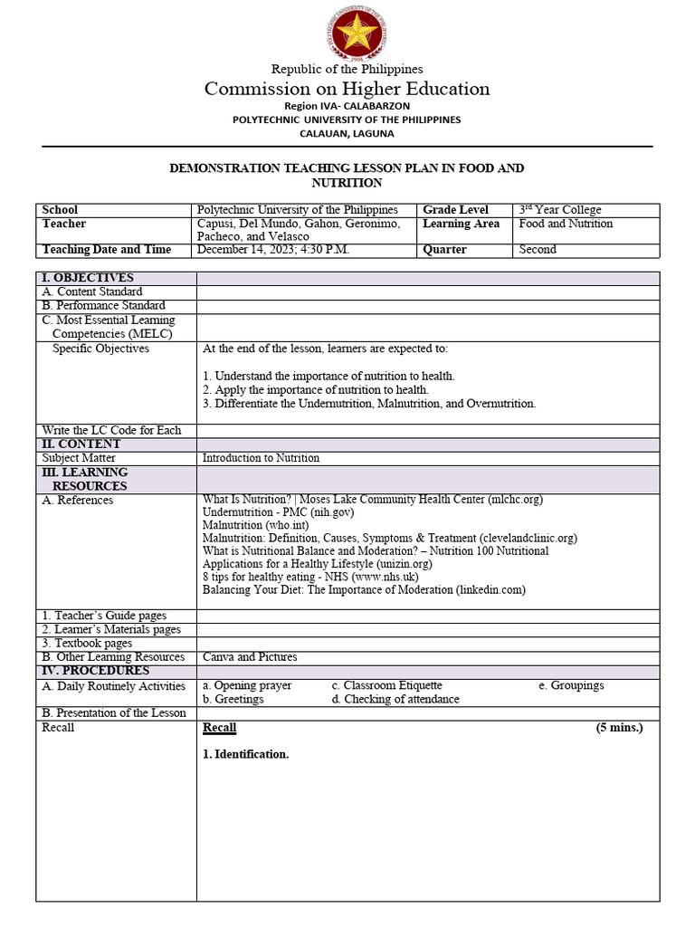 Nutrition Lesson Plan for College | PDF | Malnutrition | Nutrition