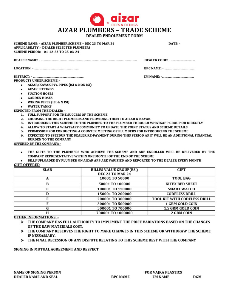 Plumber Scheme Dealer Enrolement Form | PDF | Plumbing | Building Materials