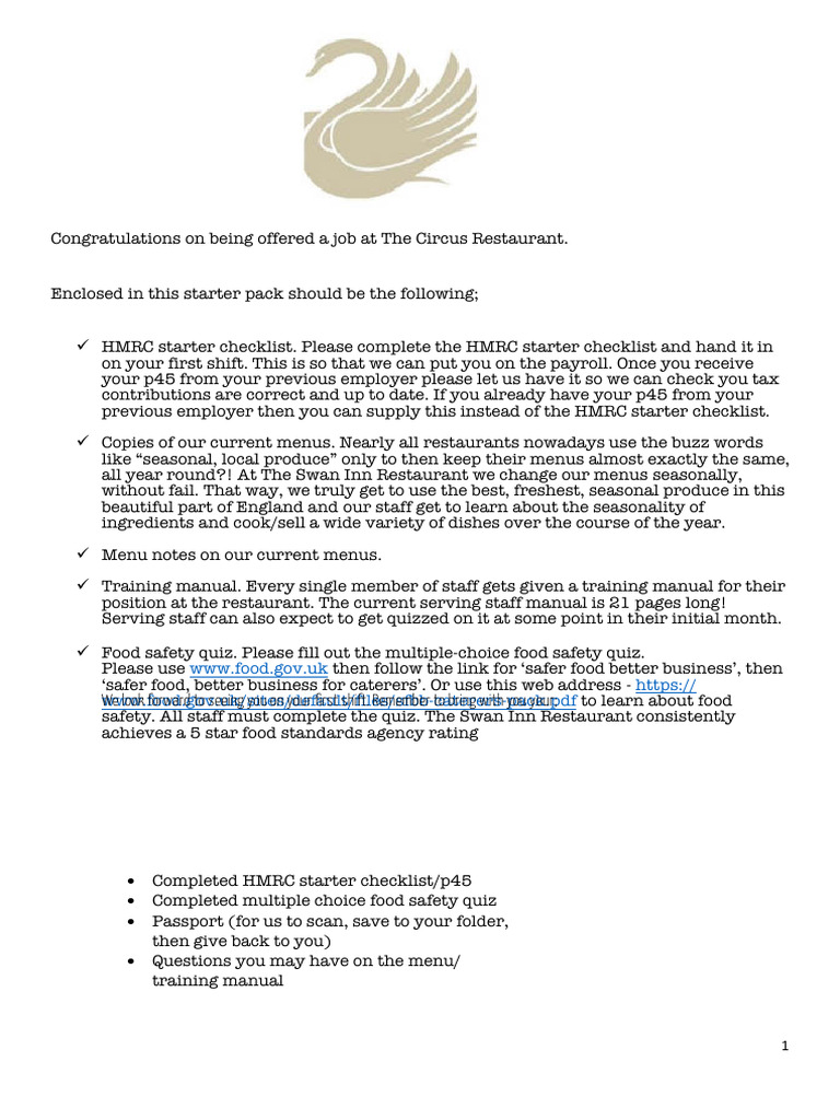 Waiter Training Manual for The Swan Inn | PDF