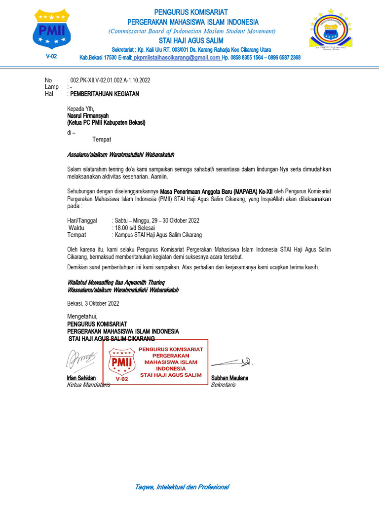 002 - Surat Pemberitahuan MAPABA 2022 | PDF