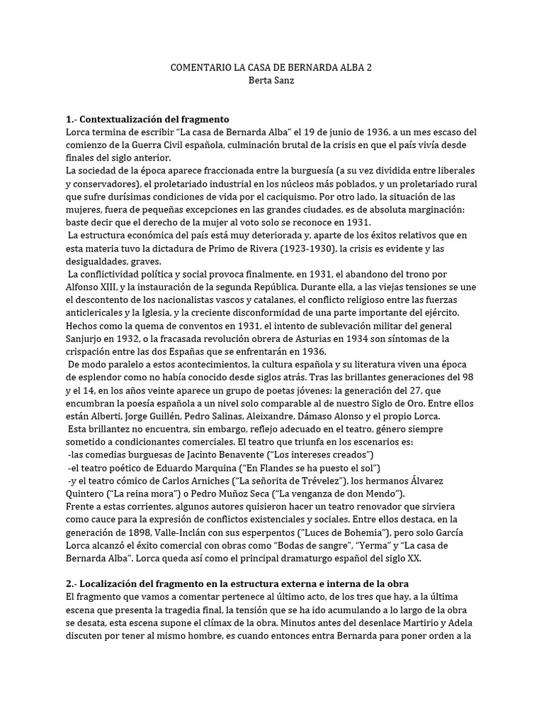 Comentario La Casa de Bernarda Alba 2 | PDF | Federico García Lorca ...