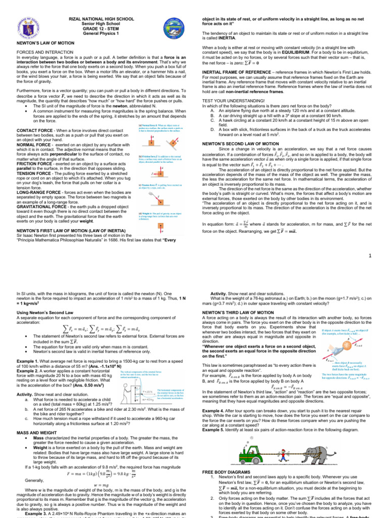 PHYSICS HANDOUT Newtons Law | PDF | Force | Acceleration