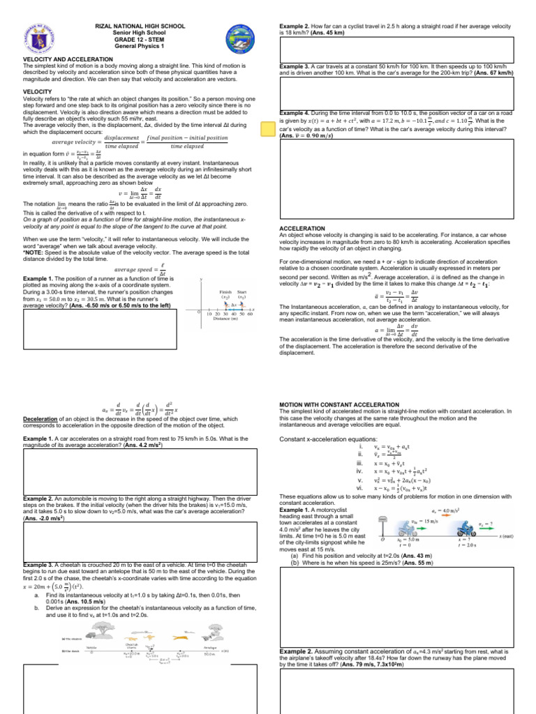 Physics Handout Velocity and Acceleration | Download Free PDF ...