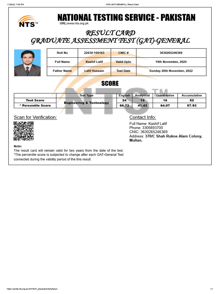 GAT-General Result Card for 2022 | PDF