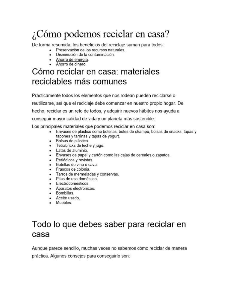 Cómo Podemos Reciclar en Casa | PDF