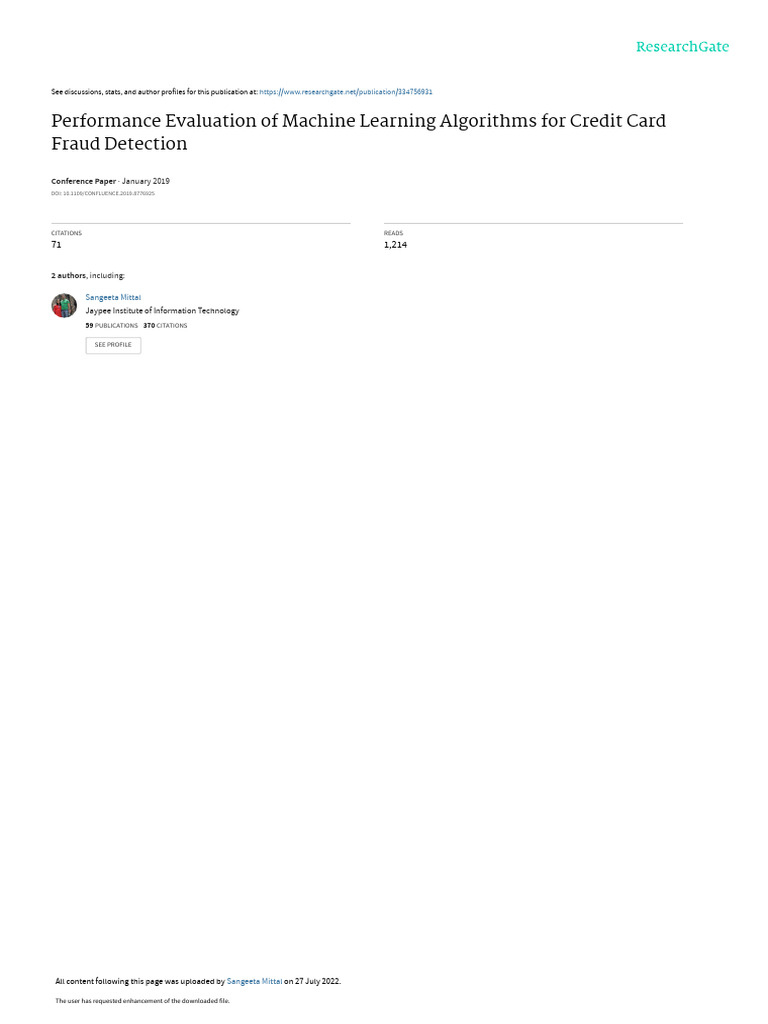 Performance Evaluation of Machine Learning Algorithms For Credit Card Fraud Detection | PDF ...