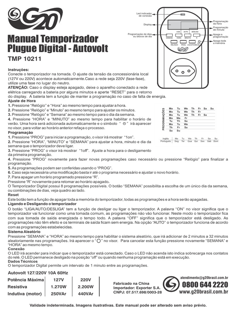 G20 TMP-10211 Manual Temporizador Plugue Digital Autovolt | PDF | Tempo | Cronômetro