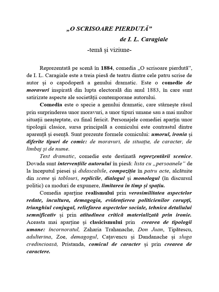 O scrisoare pierduta_tema si viziune | PDF