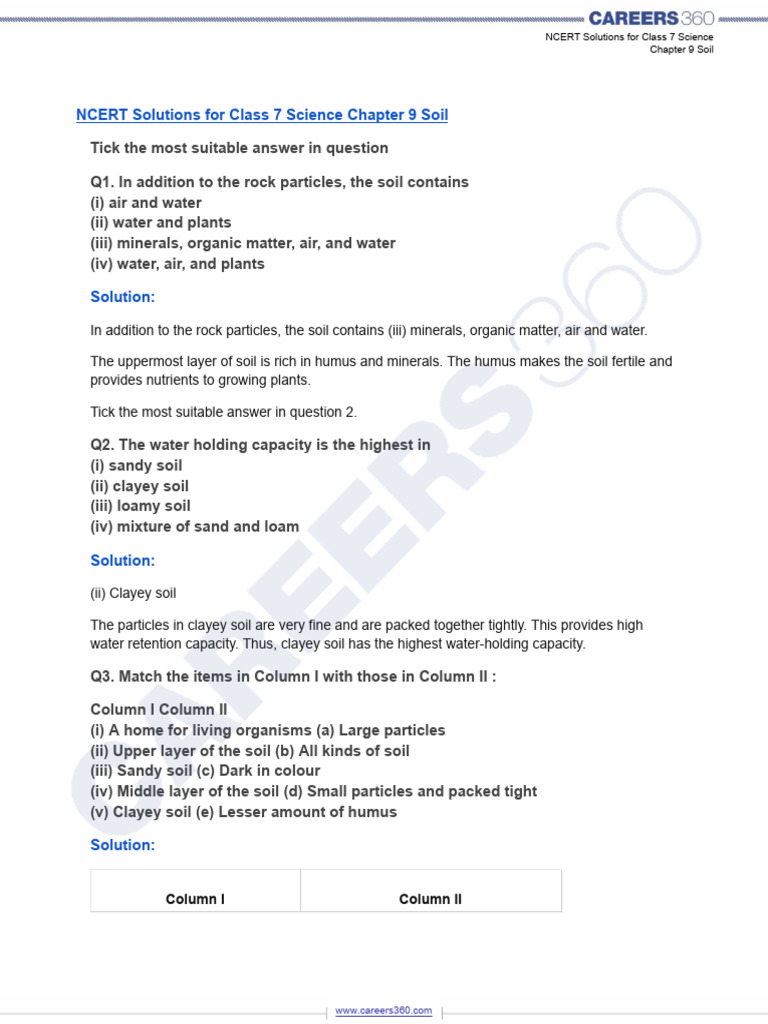 NCERT Solutions For Class 7 Science Chapter 9 Soil | PDF | Soil | Clay