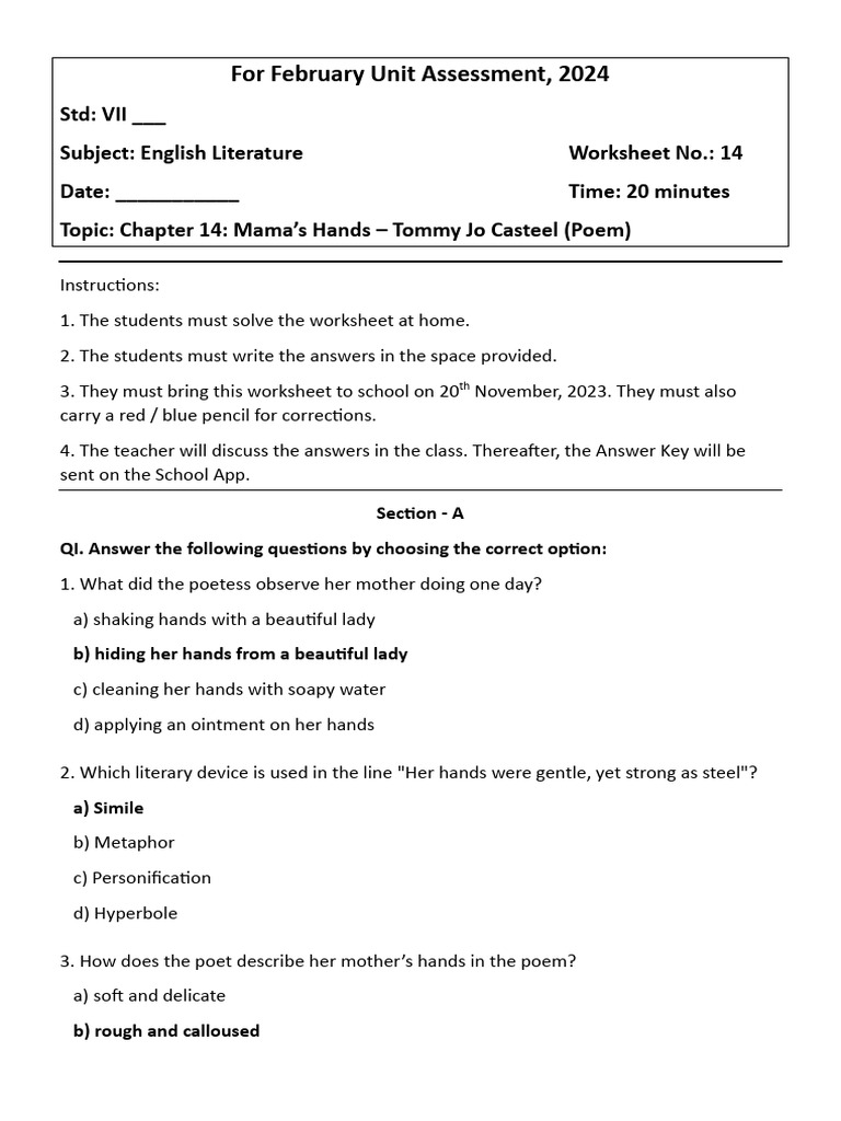 X8rfp5uybb - Ws - 14 - Mama's Hands - Answer Key | PDF