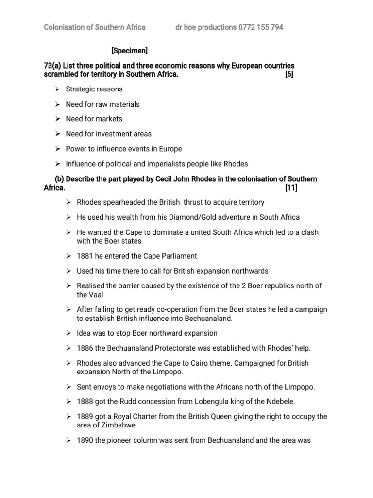 10 Colonisation Of Southern Africa Edited 1 Pdf