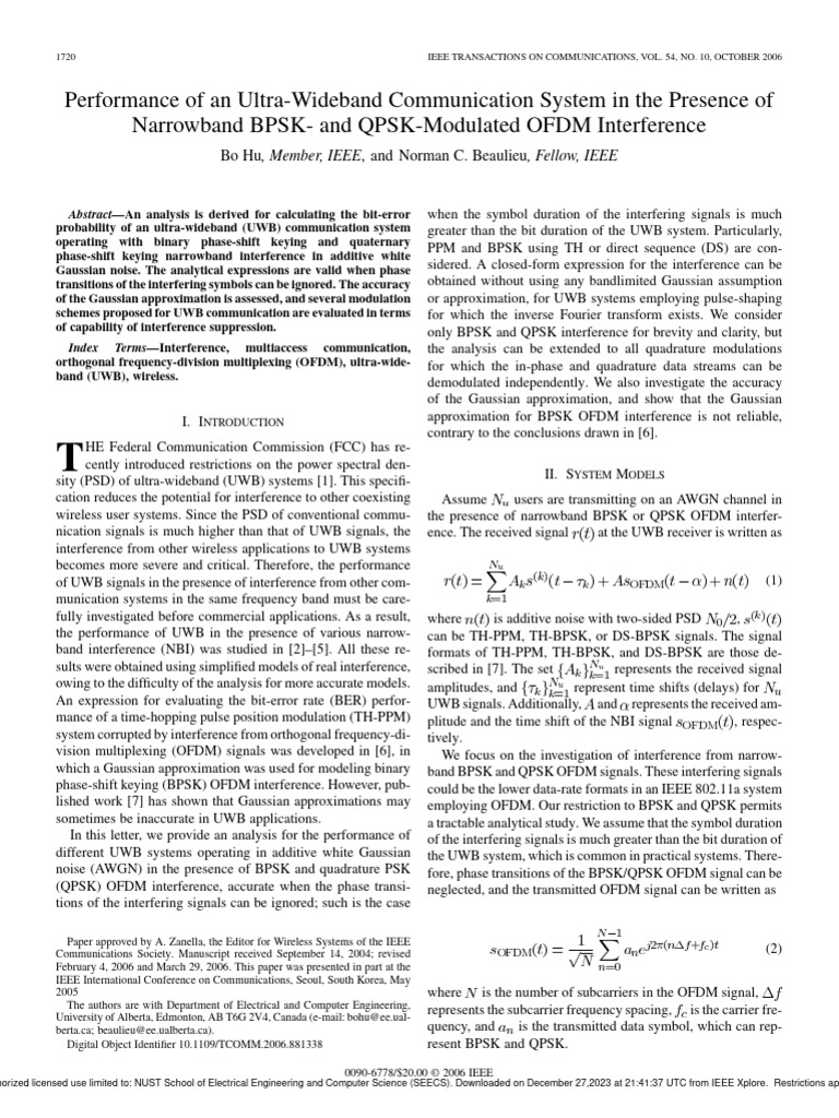 2006 Performance Of An Ultra Wideband Communication System In The Presence Of Narrowband Bpsk