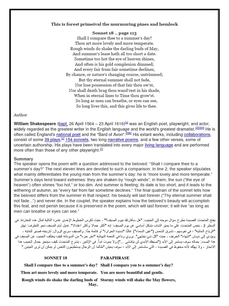 This Is Forest Primeival The Murmuring Pines and Hemlock Sonnet 18 ...