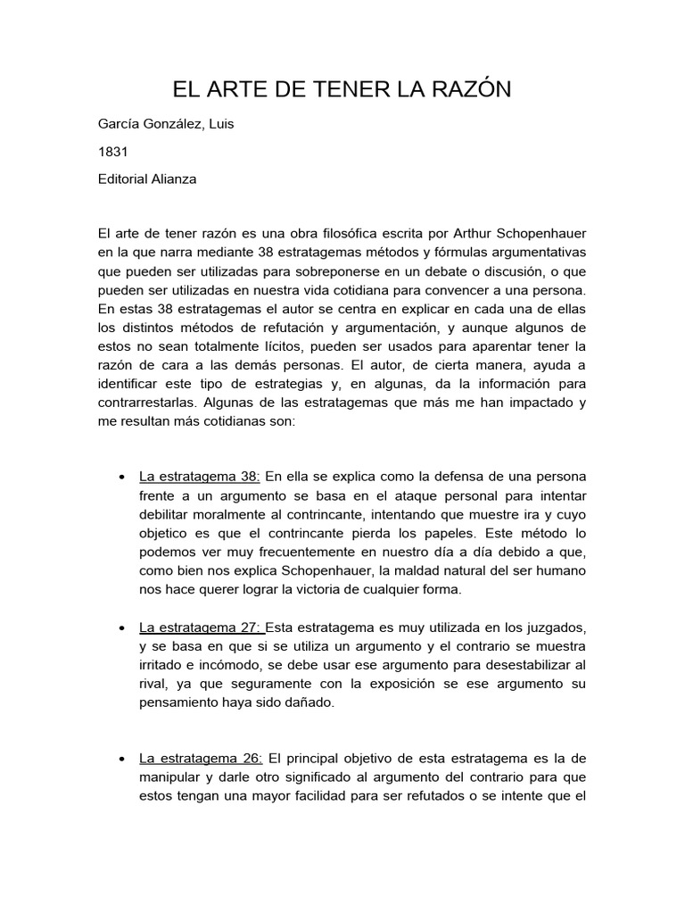 El Arte de Tener Razón | PDF | Arthur Schopenhauer | Razón