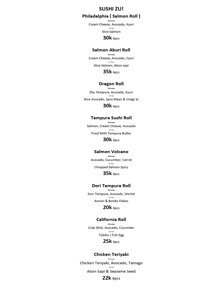 Sushi Zu! Menu | PDF | Cooking, Food & Wine