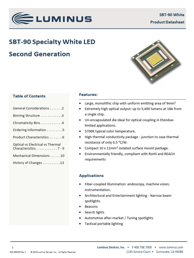 Luminus SBT-90-Gen2 Datasheet | PDF | Lighting | Light Emitting Diode