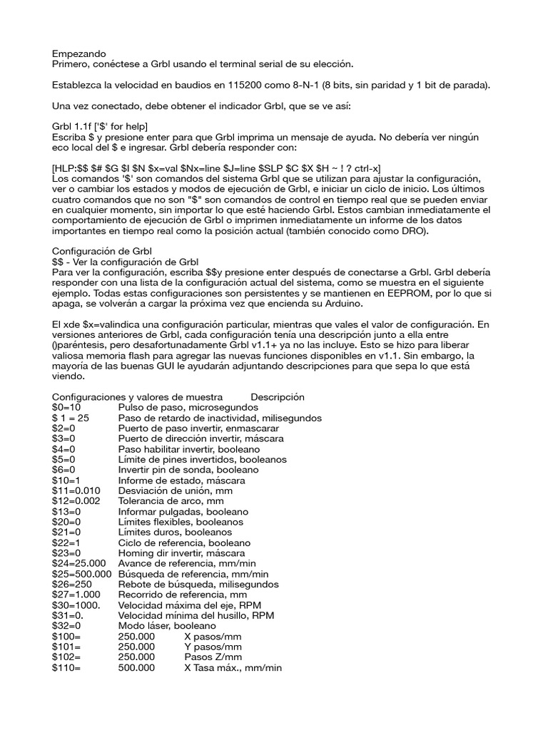Info GRBL para Configurar La Maquina | PDF | Almacenador intermediario de datos | Control numerico