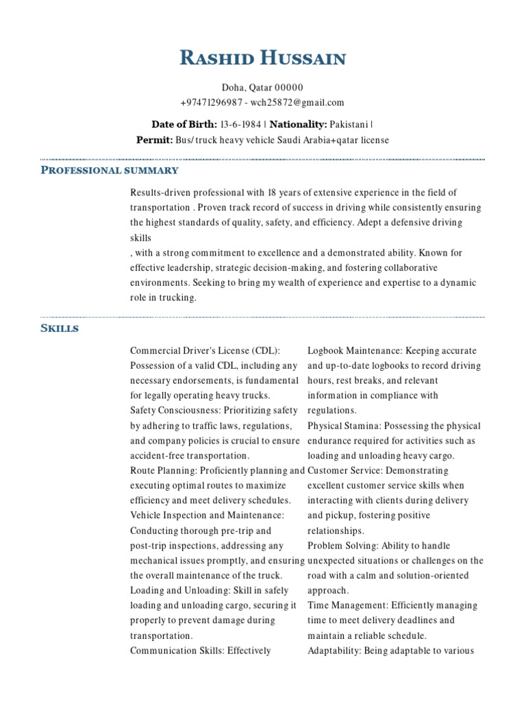 Rashid Hussain CV 2 | PDF | Truck Driver | Truck