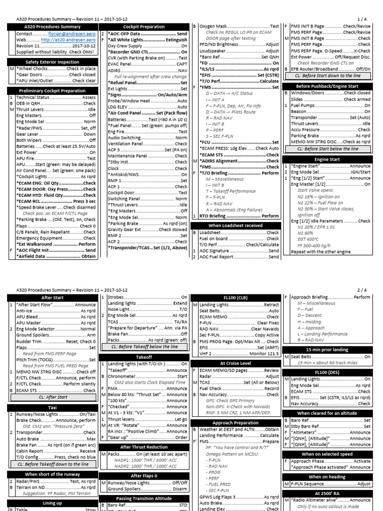 A320 Procedures Summary | PDF