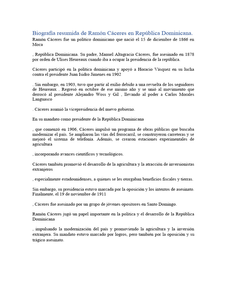 Biografía Resumida de Ramón Cáceres en República Dominicana | PDF ...