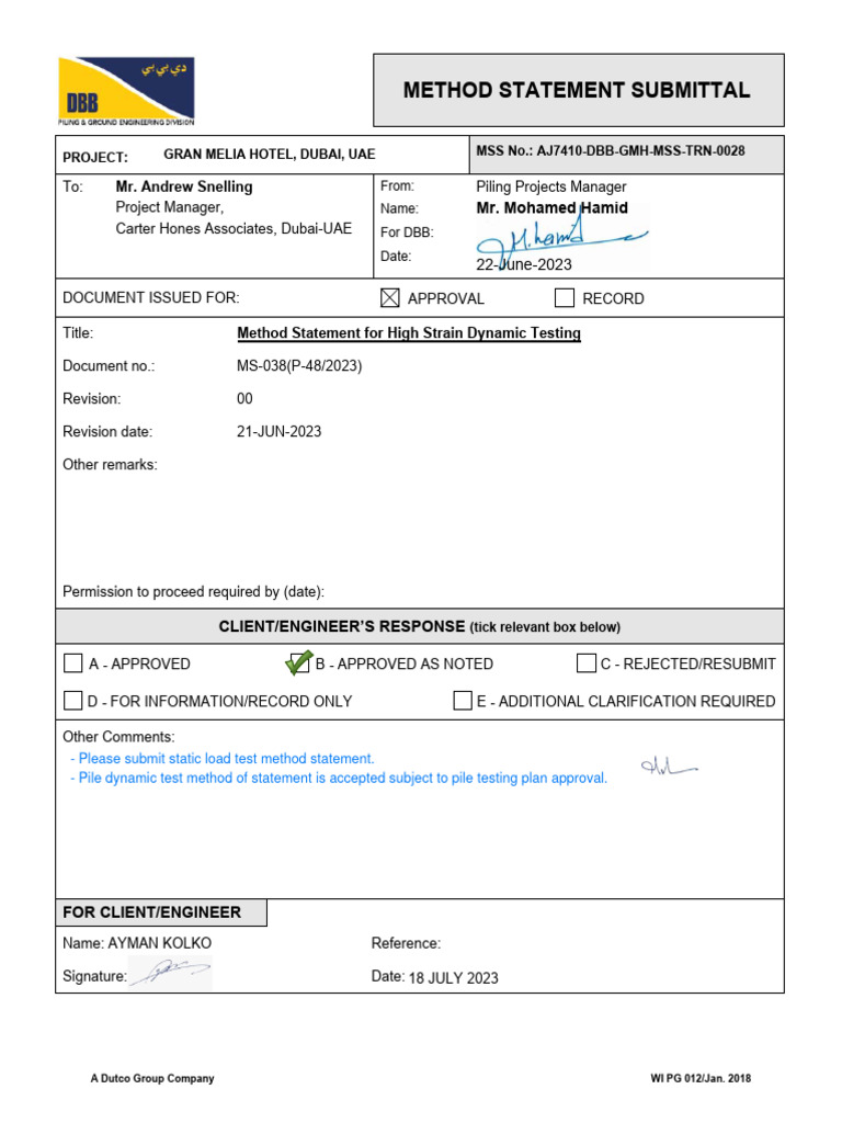 Method Statement For High Strain Dynamic Testing | PDF | Deep ...