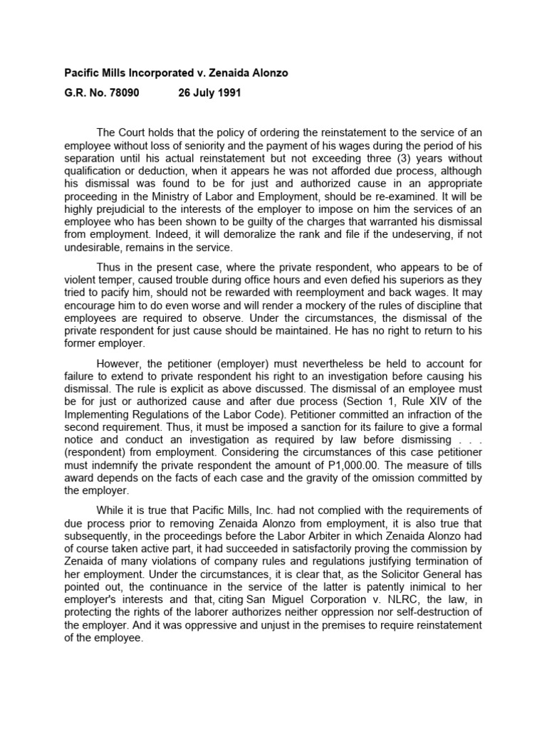 Pacific Mills Incorporated v. Zenaida Alonzo | PDF | Employment | Justice
