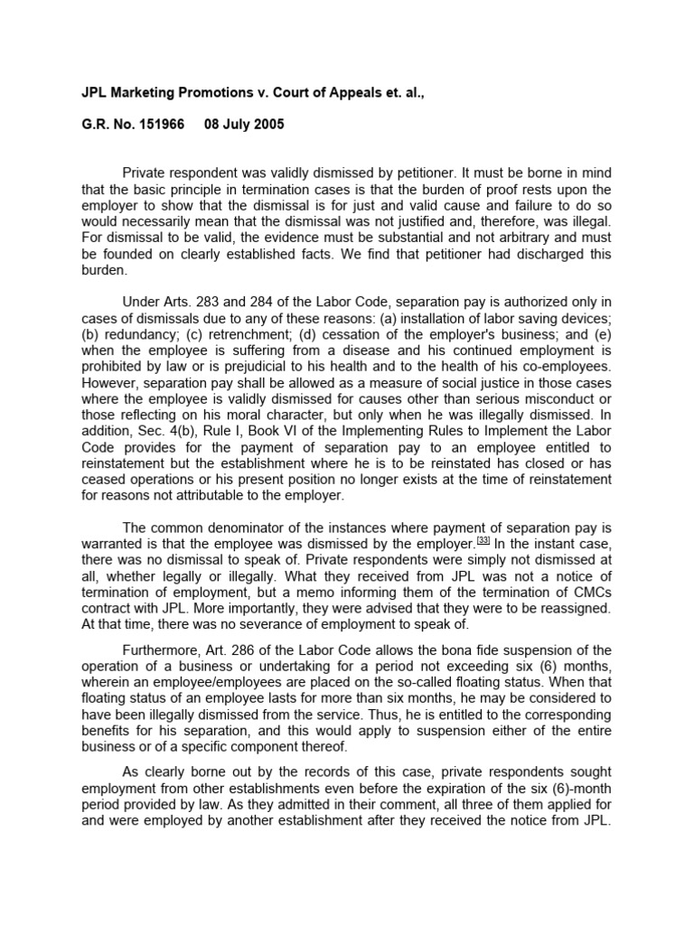 JPL Marketing Promotions v. Court of Appeals Et. Al. | PDF | Employment | Labour Law