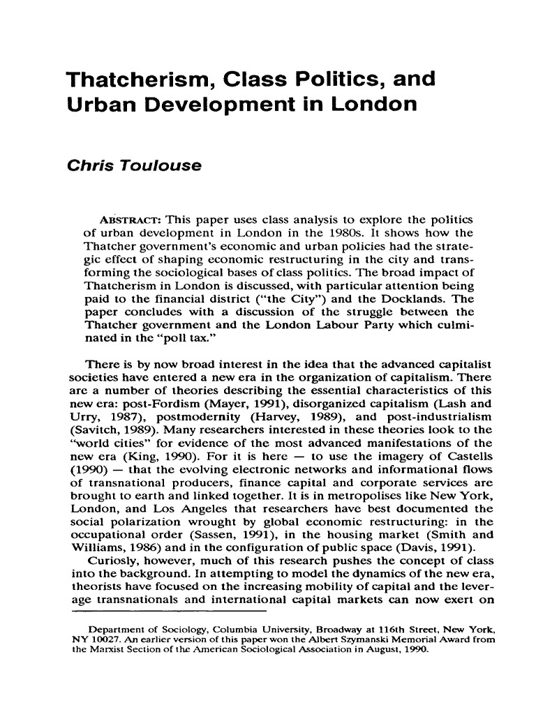 Toulouse 1991 Thatcherism Class Politics and Urban Development in ...