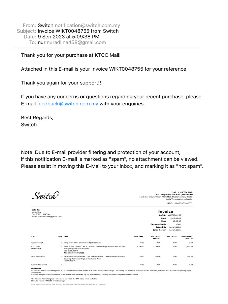 Invoice WIKT0048755 from Switch @ KTCC | PDF | Invoice | Service Industries
