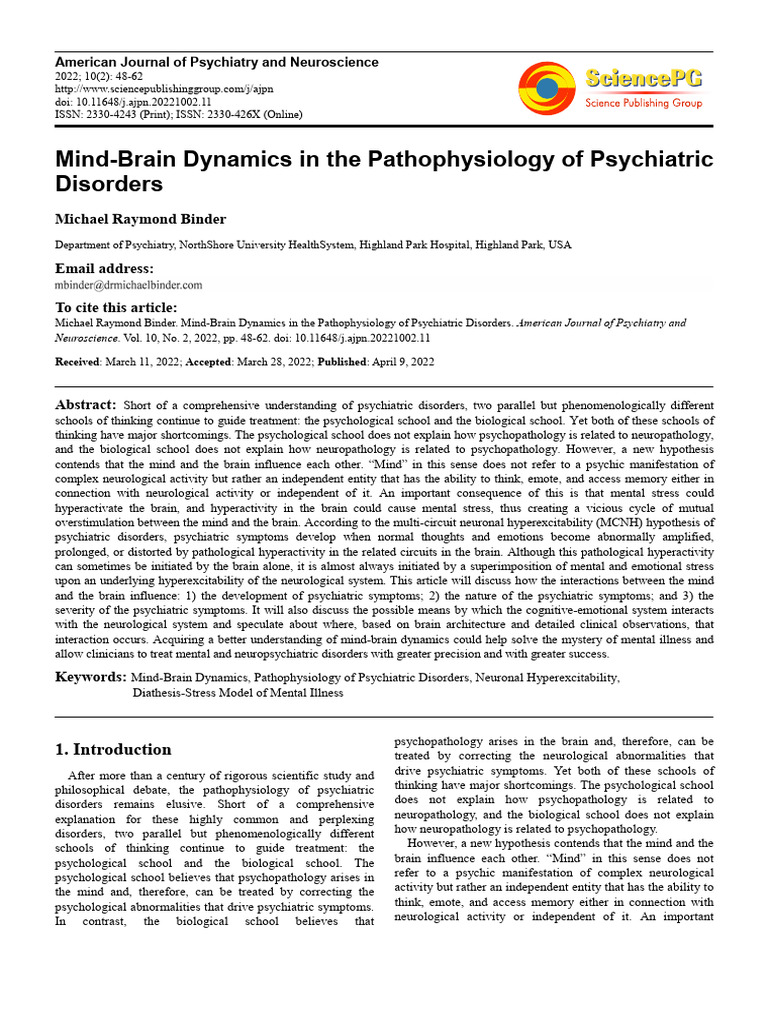 Mind-Brain Dynamics in The Pathophysiology of Psychiatric Disorders | PDF