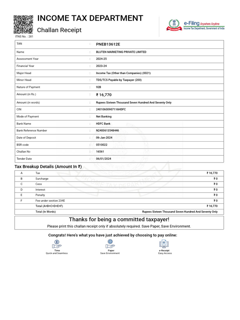 Income Tax Challan Receipt 2024-25 | PDF | Taxes | Taxation