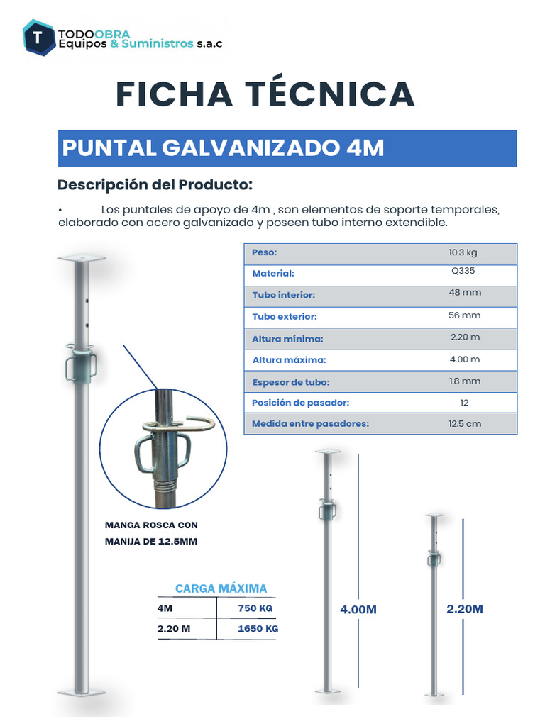 FICHA TECNICA_ PUNTAL GALVANIZADO 4M | PDF