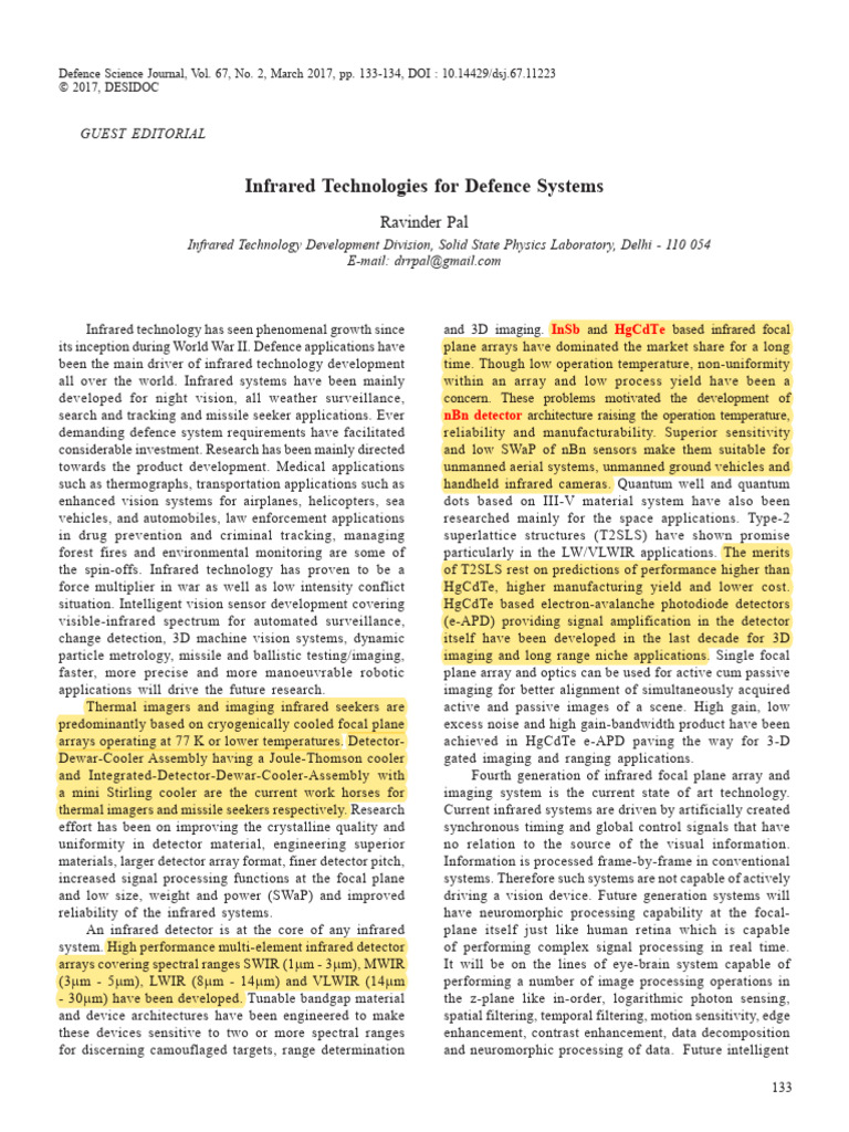 Infrared Technologies For Defence Systems - DRDO DSJ | PDF | Sensor | Infrared