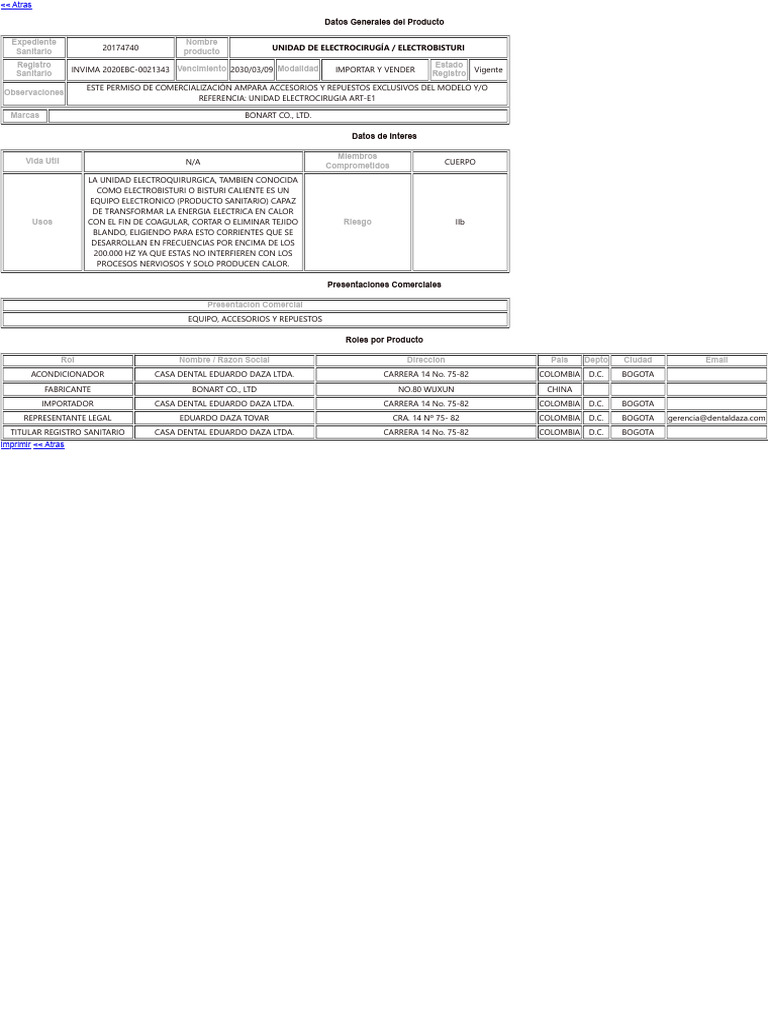 Electrobisturí Bonart ART-E1 en Colombia | PDF