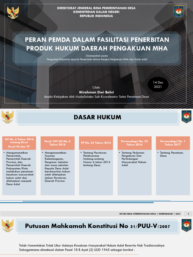Peran Pemda Dalam Fasilitasi Pengakuan Mha (Paparan Kemendagri) | PDF