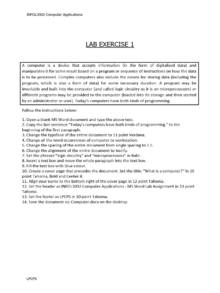 Lab Exercise 1: INFOL3002 Computer Applications | PDF