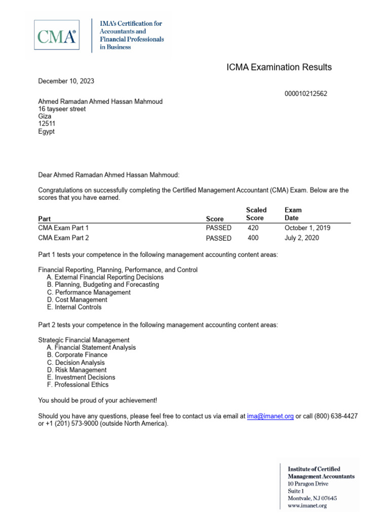 ICMA Examination Results: Score Scaled Score Exam Date | PDF