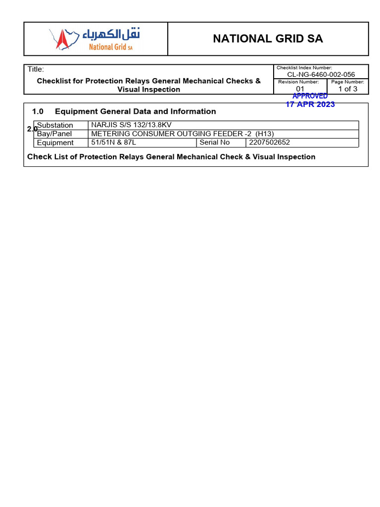 CL-NG-6460-002-056 Checklist For Protection Relays GMC & VI Rev01 | PDF ...