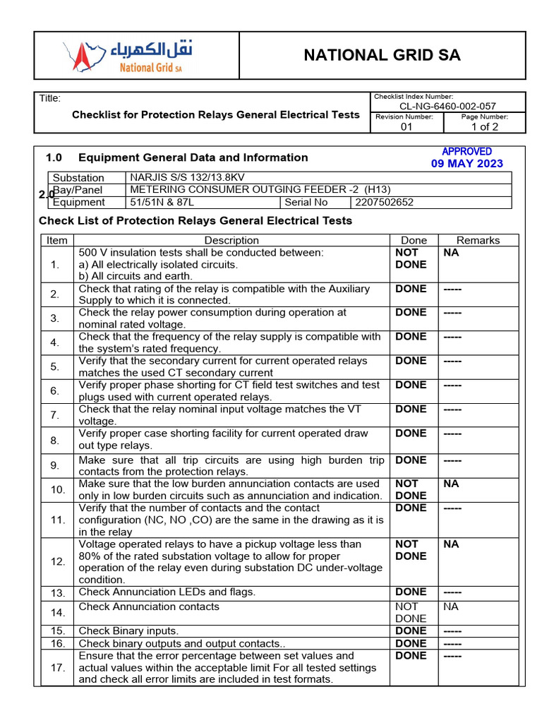 CL-NG-6460-002-057 Checklist For Protection Relays General Electrical ...