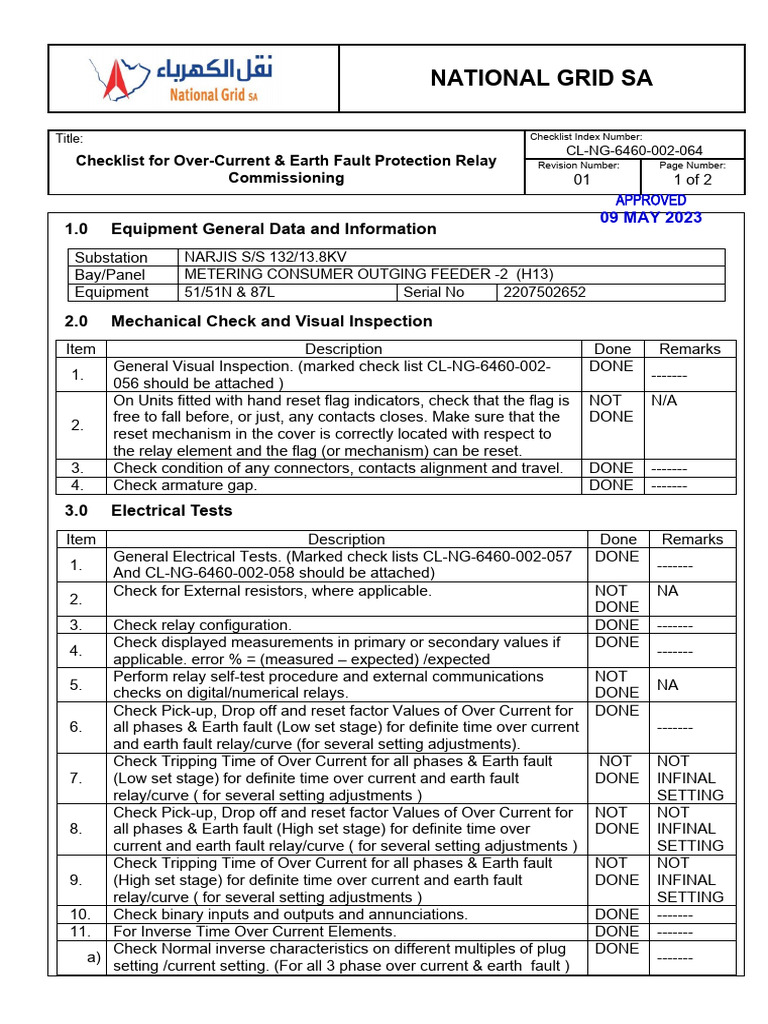 CL-NG-6460-002-064 Checklist For OC & Earth Fault Prot Relay Rev01 ...