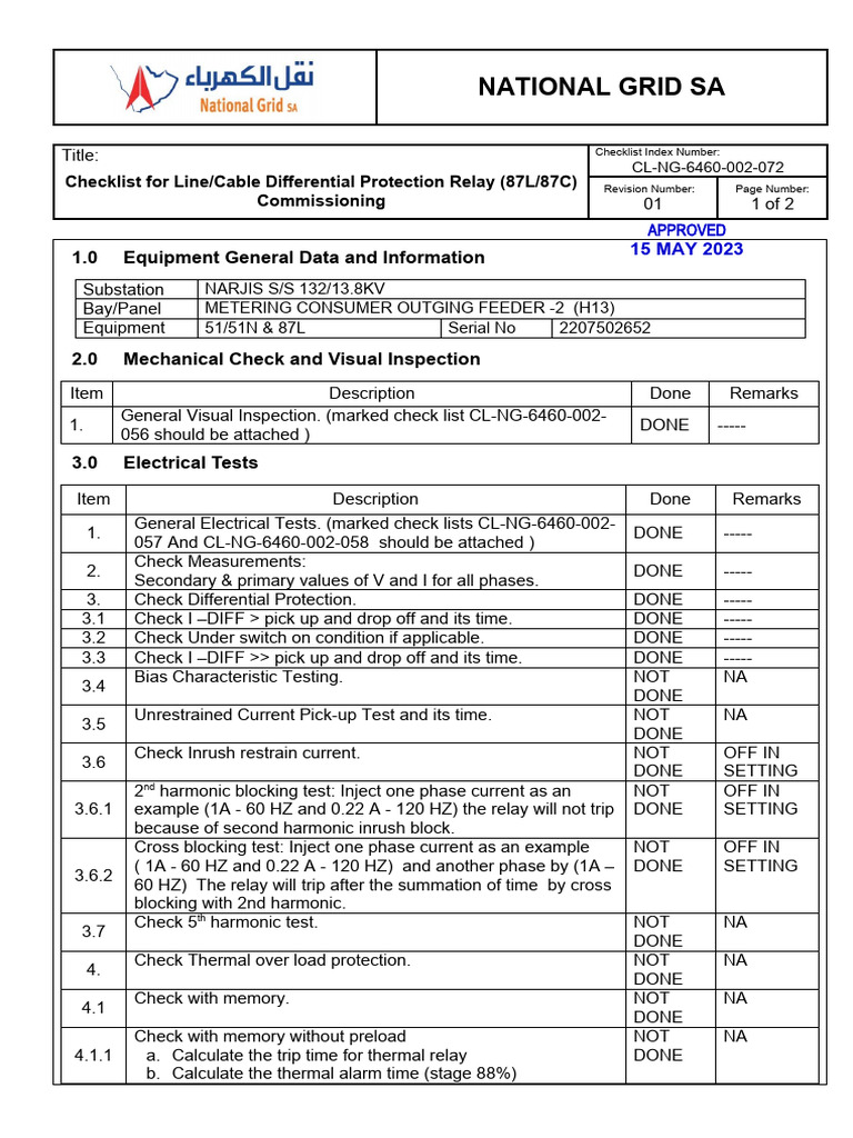 Differential Protection Relay Commissioning Checklist | PDF | Relay ...