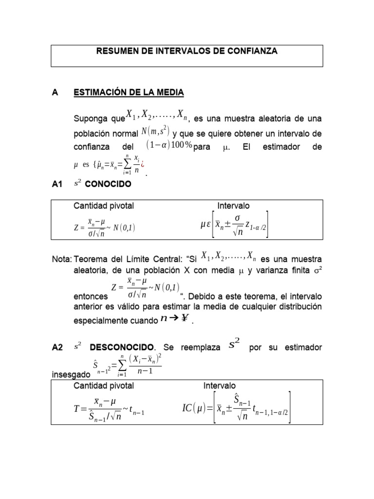 Resumen De Intervalos De Confianza: μ es (x n | PDF | Intervalo de confianza | Estimador