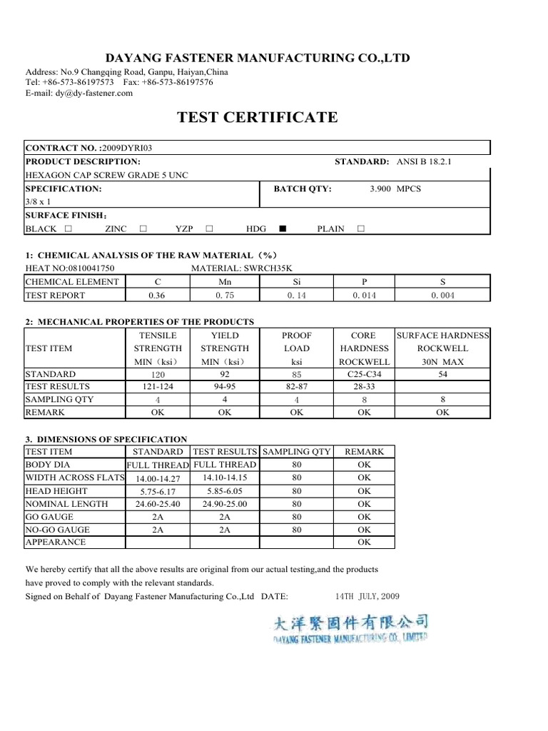 Dayang Fastener Hexagon Screw Test Certificate | PDF | Mechanical ...
