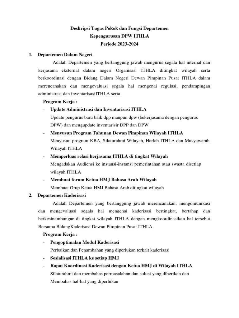 Deskripsi Tugas Pokok Dan Fungsi Departemen 2023-2024 | PDF