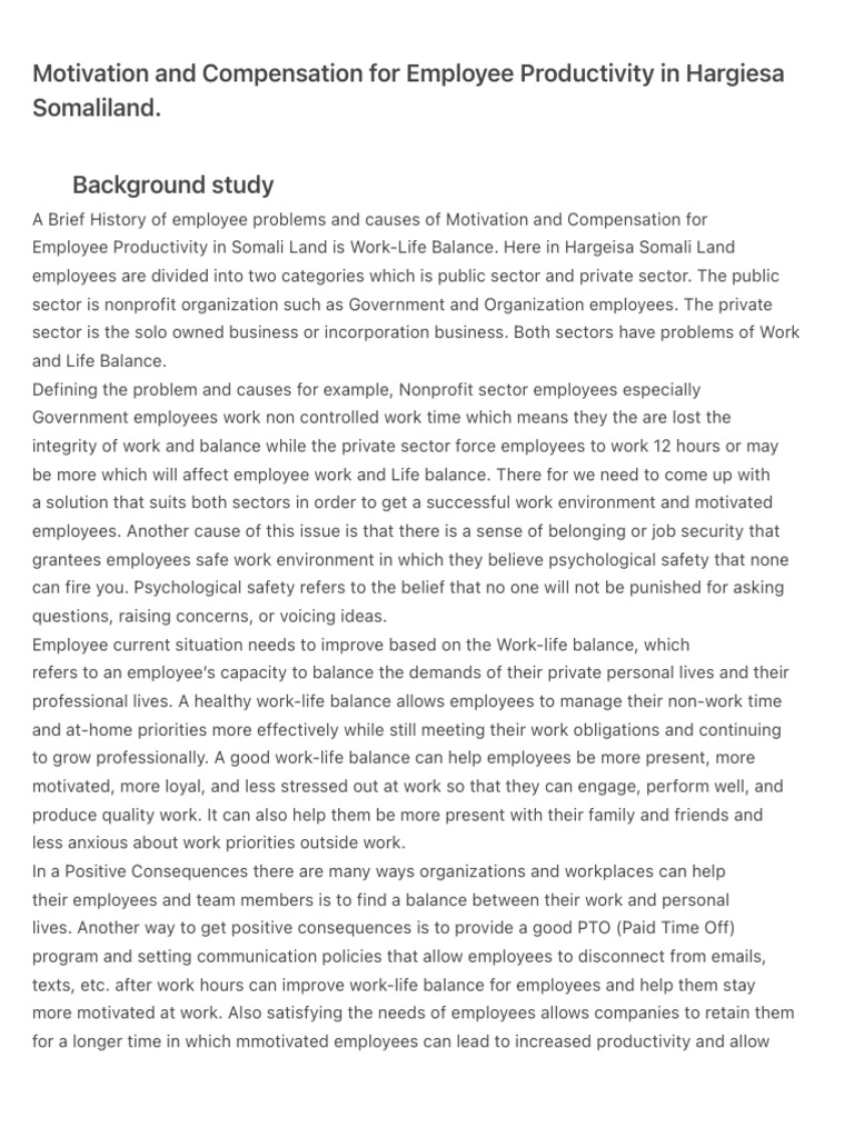 Motivation and Compensation For Employee Productivity in Hargiesa | PDF