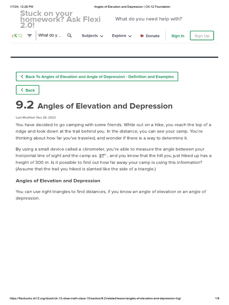Angles of Elevation and Depression - CK-12 Foundation | PDF | Triangle ...