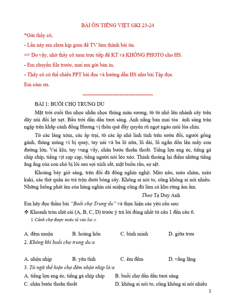 BÀI ÔN TIẾNG VIỆT GKI 23-24 | PDF